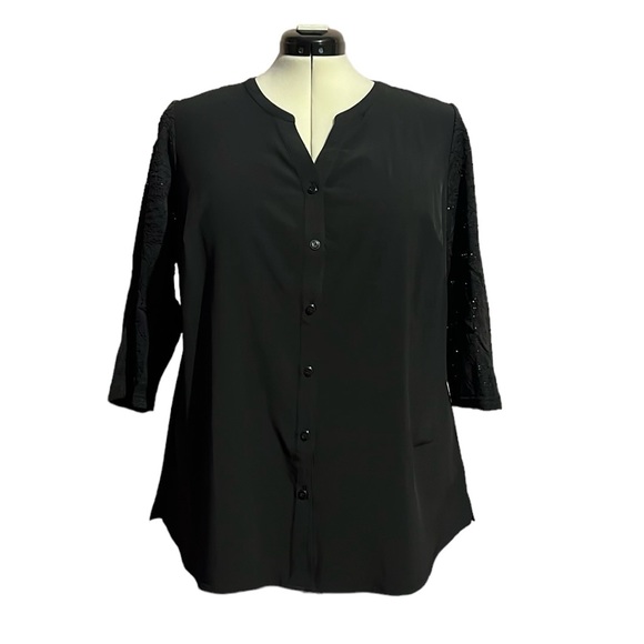 Denim&Co | Tops | Denim Co Black Chiffon 34 Floral Eyelet Sleeves ...